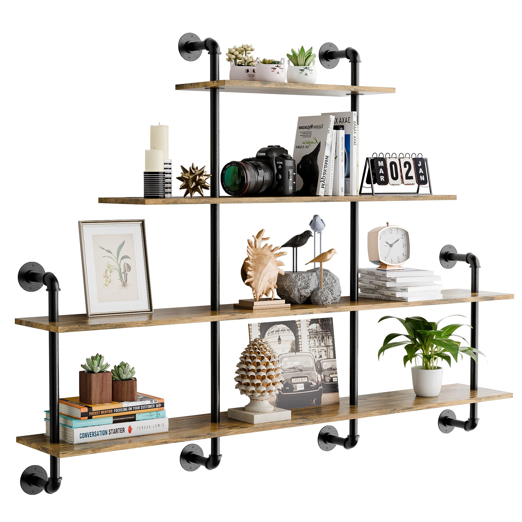 WFSRESTD Industrial Pipe Shelving, 4 Tier Rustic Wooden Floating Shelves, Wall Display Bookshelf, Storage Rack Sundries Holder for Kitchen Office Bathroom Organization and Home Decor