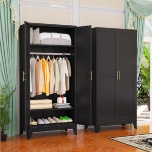 gaious metal wardrobe cabinet with hanging rod, 70.87" metal clothing storage cabinets with 2 doors and adjustable shelves, black armoire wardrobe closet for bedroom, laundry room, cloak room