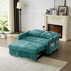 3 in 1 Convertible Sleeper Sofa Bed, Modern Chenille Loveseat Pull Out Couch Bed with Cup Holder & USB Port, Phone Holder and Adjustable Backrest, Loveseat Lounge for Living Room Office (Teal/)