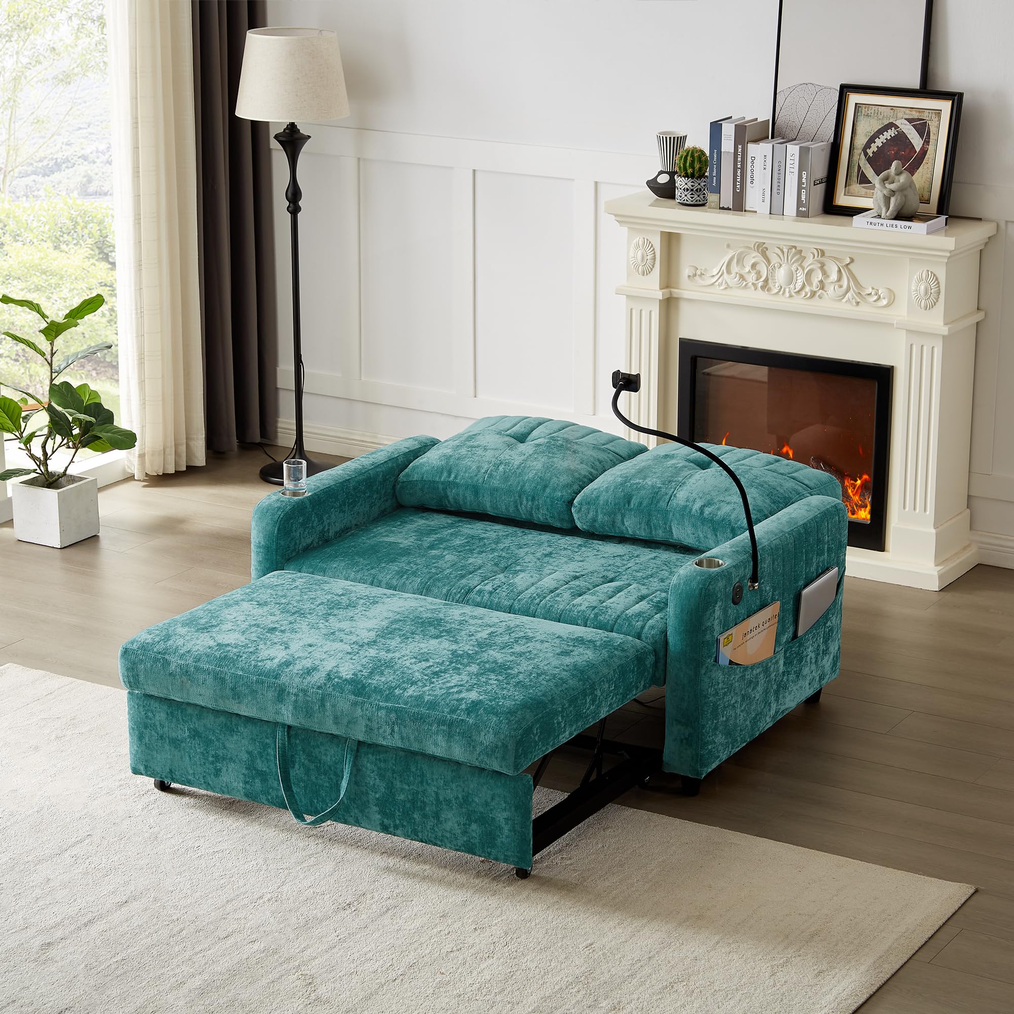 3 in 1 Convertible Sleeper Sofa Bed, Modern Chenille Loveseat Pull Out Couch Bed with Cup Holder & USB Port, Phone Holder and Adjustable Backrest, Loveseat Lounge for Living Room Office (Teal/)