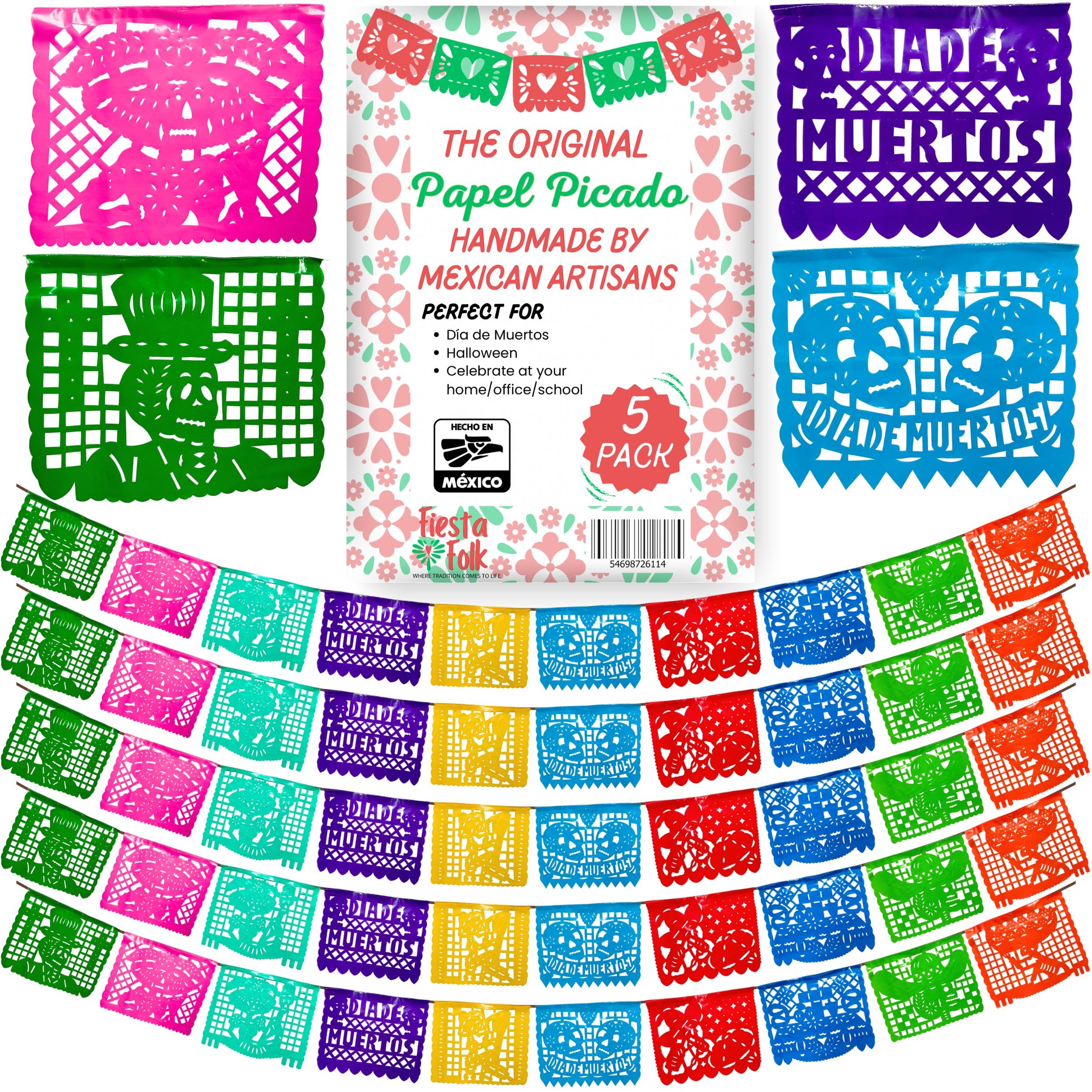 5 pack Mexican Papel picado dia de los muertos HandMade by Mexican artisans - Dia de los muertos papel picado mexicano para fiesta - Day of the dead banner mexican theme party decorations ofrenda kit