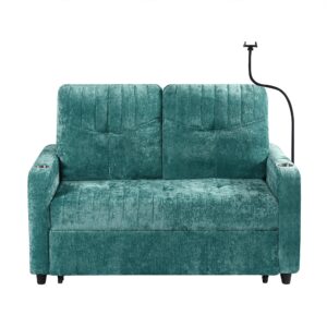 3 in 1 Convertible Sleeper Sofa Bed, Modern Chenille Loveseat Pull Out Couch Bed with Cup Holder & USB Port, Phone Holder and Adjustable Backrest, Loveseat Lounge for Living Room Office (Teal/)