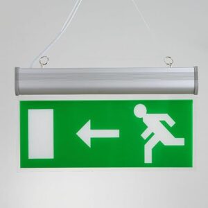 Safety Evacuation Indicator ， Emergency Exit Sign,with Hanging Rings and Build in 800mAh Battery Backup, 14.2'' X 7.9'', Left/Right Legends Optional, for Hotel, Office, Supermarket, Hospital(Left)