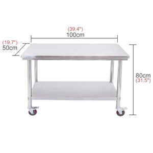 Stainless Steel Workbench with Four Casters for Easy Mobility Double Level Commercial Prep Table Multifunctional Metal Table Practical Open Storage Rack