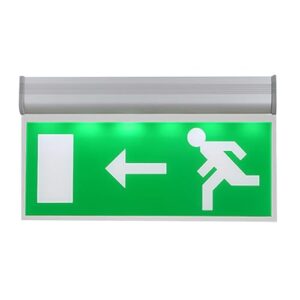 safety evacuation indicator ， emergency exit sign,with hanging rings and build in 800mah battery backup, 14.2'' x 7.9'', left/right legends optional, for hotel, office, supermarket, hospital(left)