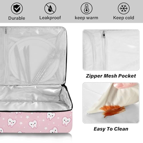 Kcldeci Insulated Thermal Food Carrier Insulated Casserole Carrier for Hot or Cold Food,Teeth on A Pink Insulated Tote Bag for Potluck Cookouts Parties Picnic,Lasagna Lugger