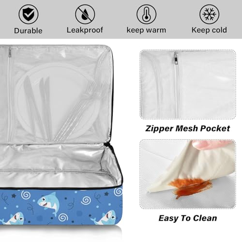 Kcldeci Insulated Thermal Food Carrier Insulated Casserole Carrier for Hot or Cold Food,Cute Sharks Cartoon Pattern Insulated Tote Bag for Potluck Cookouts Parties Picnic,Lasagna Lugger