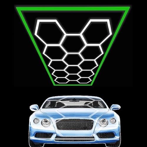 DHXYHQY LED Honeycomb Garage Light Fixture, Linkable Plug-in Ceiling Light, 6500K 14 Grid Hexagonal Light Set with Rectangle Frame for Garage, Detail Shop, Commercial Store, Office,Green Frame