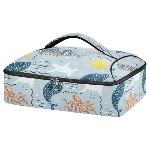 Kcldeci Insulated Thermal Food Carrier Insulated Casserole Carrier for Hot or Cold Food,Whale Squid Fish Turtle and Shark Insulated Tote Bag for Potluck Cookouts Parties Picnic,Lasagna Lugger