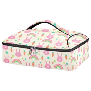 kcldeci insulated thermal food carrier insulated casserole carrier for hot or cold food,pink rabbit with carrot rainbow insulated tote bag for potluck cookouts parties picnic,lasagna lugger