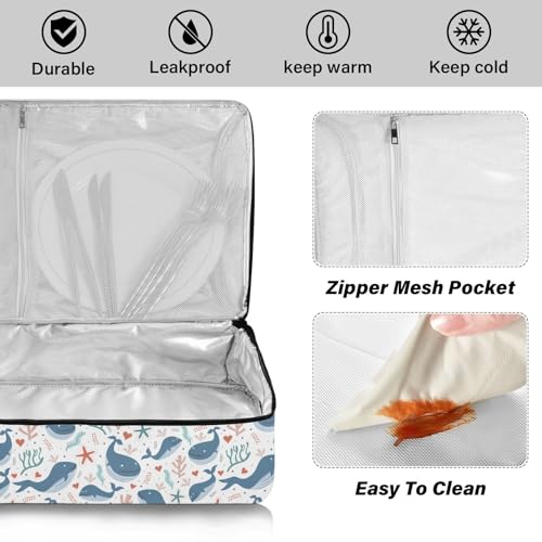 Kcldeci Insulated Thermal Food Carrier Insulated Casserole Carrier for Hot or Cold Food,Whales Ocean Insulated Tote Bag for Potluck Cookouts Parties Picnic,Lasagna Lugger