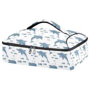 kcldeci insulated thermal food carrier insulated casserole carrier for hot or cold food,dolphins and fish on a white insulated tote bag for potluck cookouts parties picnic,lasagna lugger