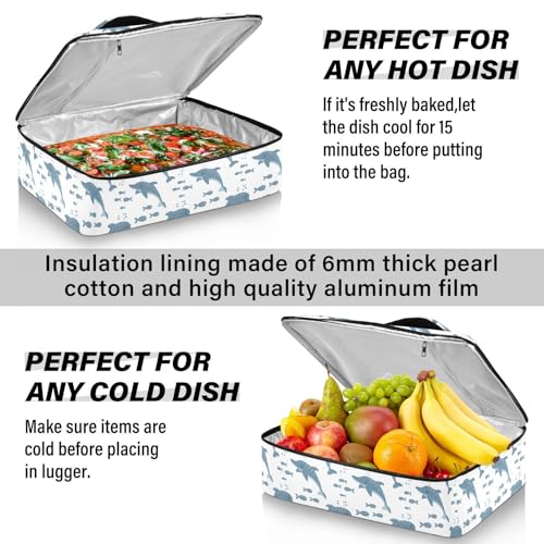 Kcldeci Insulated Thermal Food Carrier Insulated Casserole Carrier for Hot or Cold Food,Dolphins and Fish on A White Insulated Tote Bag for Potluck Cookouts Parties Picnic,Lasagna Lugger