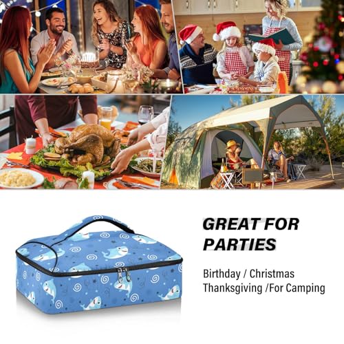 Kcldeci Insulated Thermal Food Carrier Insulated Casserole Carrier for Hot or Cold Food,Cute Sharks Cartoon Pattern Insulated Tote Bag for Potluck Cookouts Parties Picnic,Lasagna Lugger