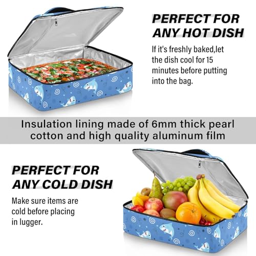 Kcldeci Insulated Thermal Food Carrier Insulated Casserole Carrier for Hot or Cold Food,Cute Sharks Cartoon Pattern Insulated Tote Bag for Potluck Cookouts Parties Picnic,Lasagna Lugger