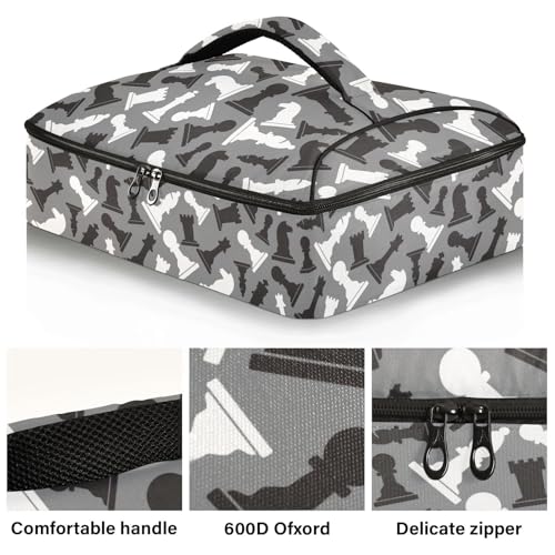 Kcldeci Insulated Thermal Food Carrier Insulated Casserole Carrier for Hot or Cold Food,Black and White Chess Pieces Gray Insulated Tote Bag for Potluck Cookouts Parties Picnic,Lasagna Lugger