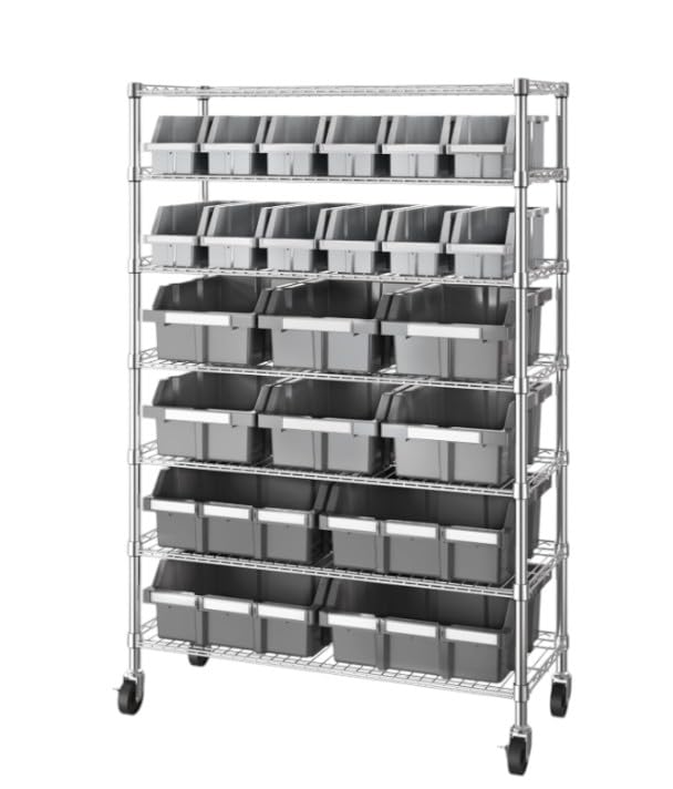 Heavy Duty Steel Wire Shelving Storage Unit, 7 Tier Bin Rack, Mobile Organizer for Garage, Warehouse, Office, Restaurant (36" W x 14" D x 56" H, 22 Bin)