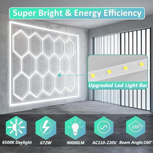 DHXYHQY Hexagon LED Ceiling Light for Garage, Super Bright 6500K 672W Daylight White, LED Honeycomb Lighting Kit, Linkable Light for Garage Car Shop Workshop Warehouse,Blue Frame