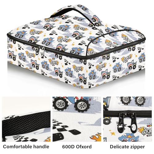 Kcldeci Insulated Thermal Food Carrier Insulated Casserole Carrier for Hot or Cold Food,Monster Truck Race with Shark and Dolphin Insulated Tote Bag for Potluck Cookouts Parties Picnic,Lasagna Lugger