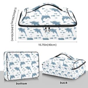 Kcldeci Insulated Thermal Food Carrier Insulated Casserole Carrier for Hot or Cold Food,Dolphins and Fish on A White Insulated Tote Bag for Potluck Cookouts Parties Picnic,Lasagna Lugger