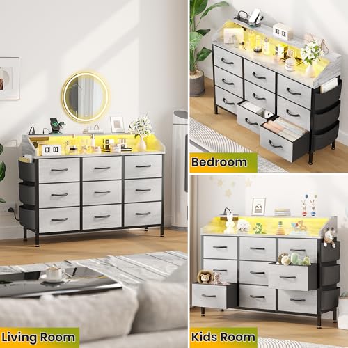 Lulive Dresser for Bedroom with 9 Drawers - Chest of Drawers for Bedroom with LED Light & Charging Station - Kids Adults Chest of Drawers for Living Room Hallway Closet Nursery (Grey)