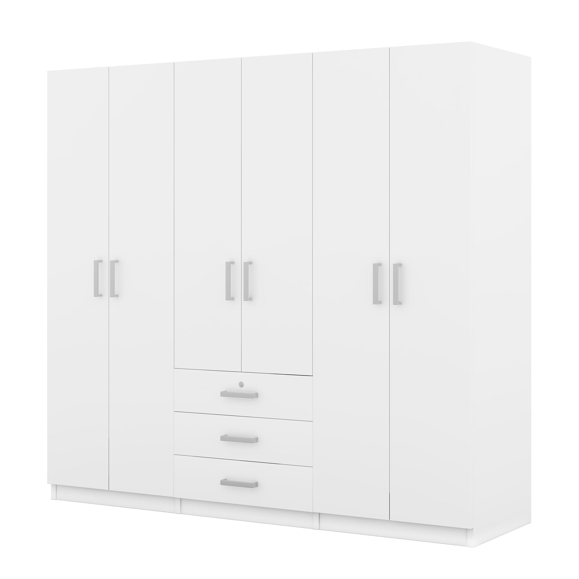 Merax Large White 6 Doors Wooden Wardrobe, Bedroom Tall Armoire Closet Organizer with Big Drawers, Hanging Rails and Shelves, Clothes Storage Cabinet for Garage & Laundry Room, White