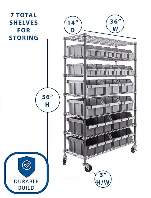 Heavy Duty Steel Wire Shelving Storage Unit, 7 Tier Bin Rack, Mobile Organizer for Garage, Warehouse, Office, Restaurant (36" W x 14" D x 56" H, 22 Bin)