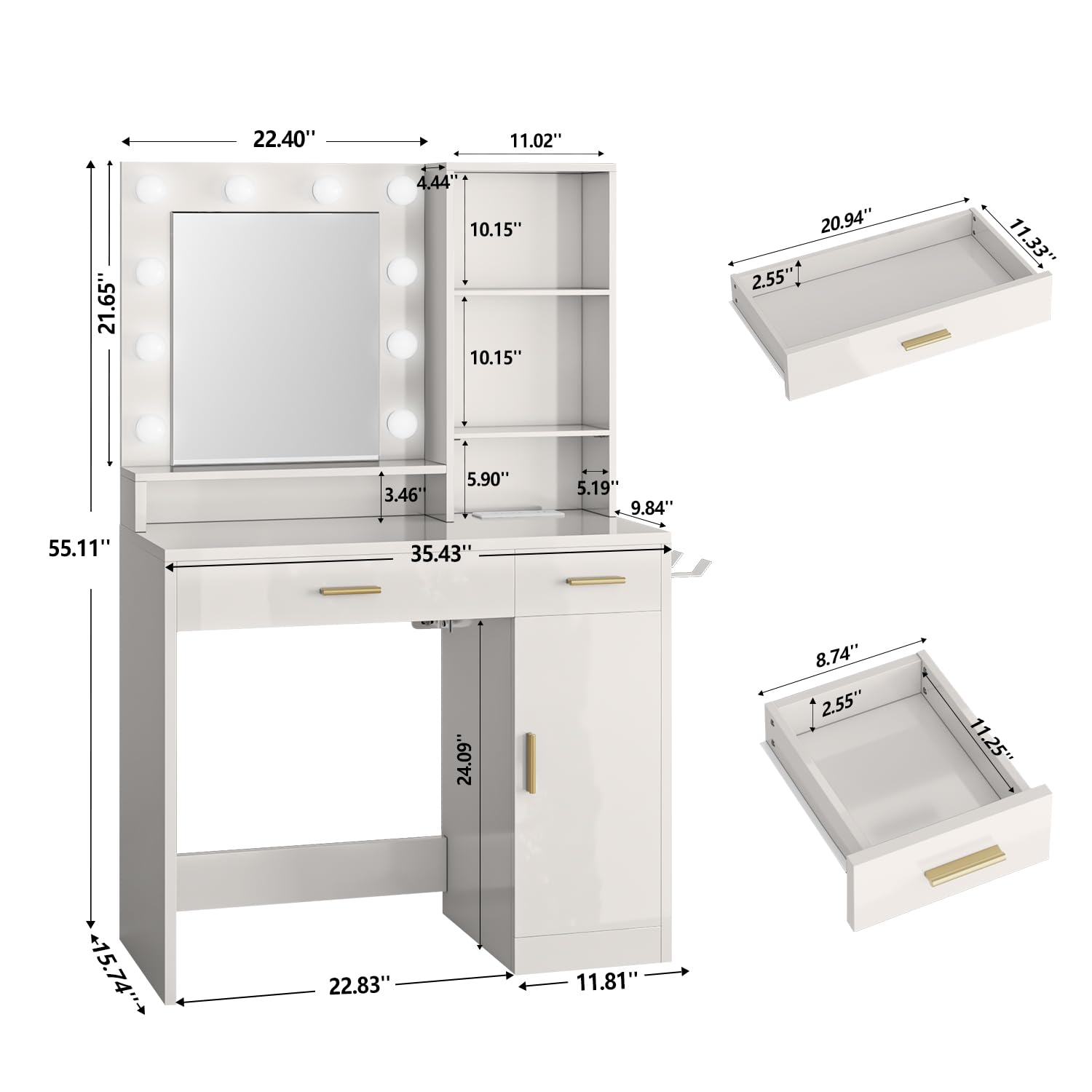 knoworld Makeup Vanity Desk with Mirror & Lights and Outlet, Make up Table with 3 Shelves, 2 Drawers & 1 Cabinet, 3 Lighting Modes & Adjustable Brightness Dressing Table for Bedroom, White