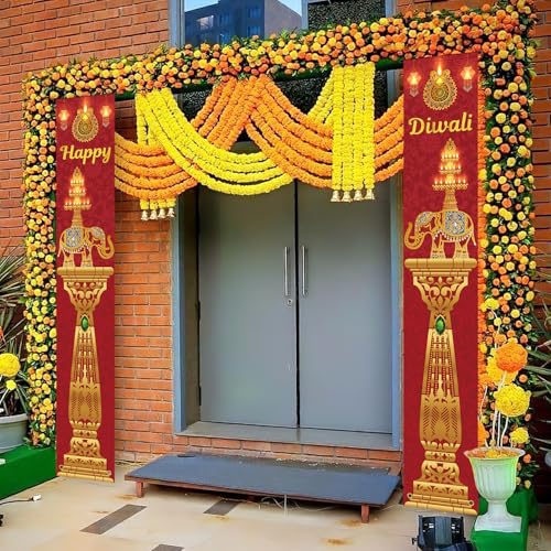 Happy Diwali Decoration Diwali Door Banner Porch Signs Welcome Banner Diwali Backdrop Deepawali Festival of Lights Hanging Decoration Yard Sign for Home Wall Door Cover Party Supplies（Elephant ）