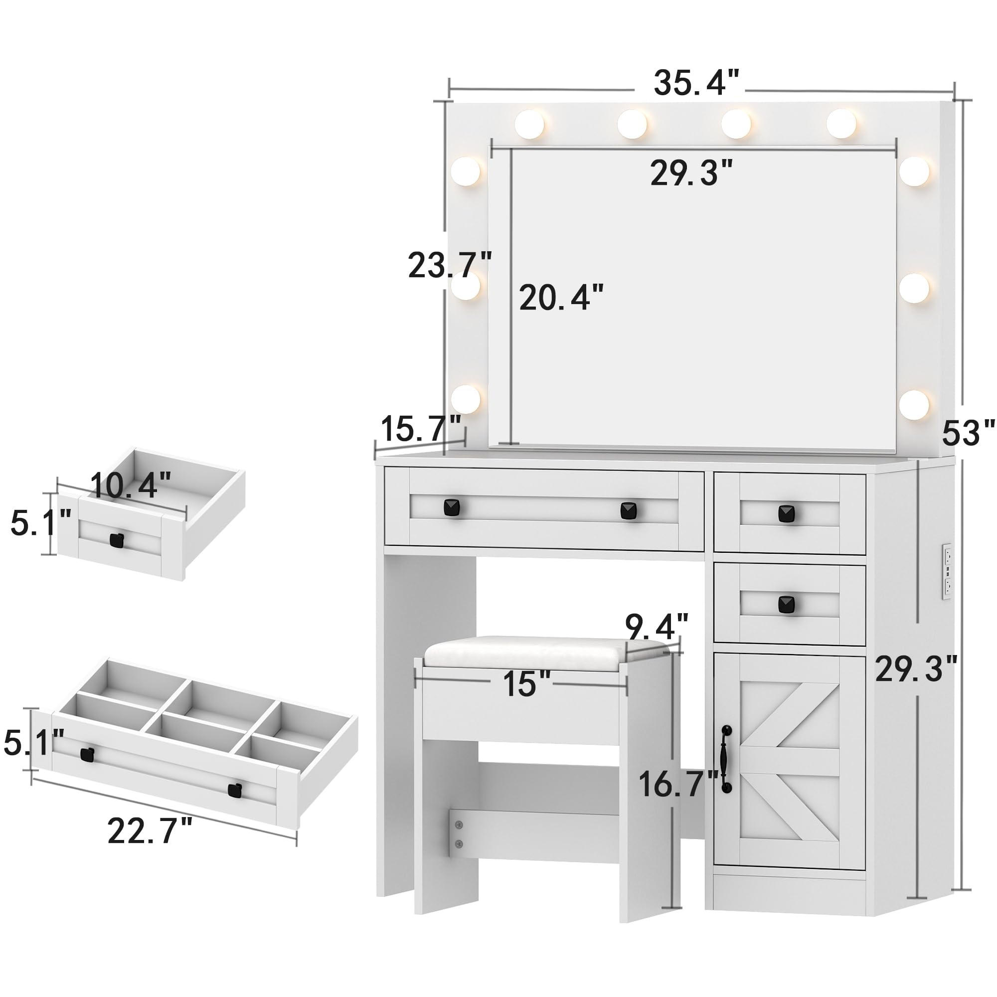 Pipleo Farmhouse Vanity Makeup Desk with Lighted Mirror, 35.4" Modern Vanity Desk Set with 3 Drawers and Power Outlet, 3 Lighting Modes Brightness Adjustable for Bedroom, Including Vanity Stool, White