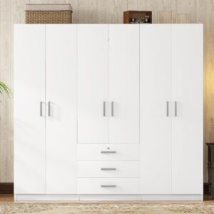 merax large white 6 doors wooden wardrobe, bedroom tall armoire closet organizer with big drawers, hanging rails and shelves, clothes storage cabinet for garage & laundry room, white