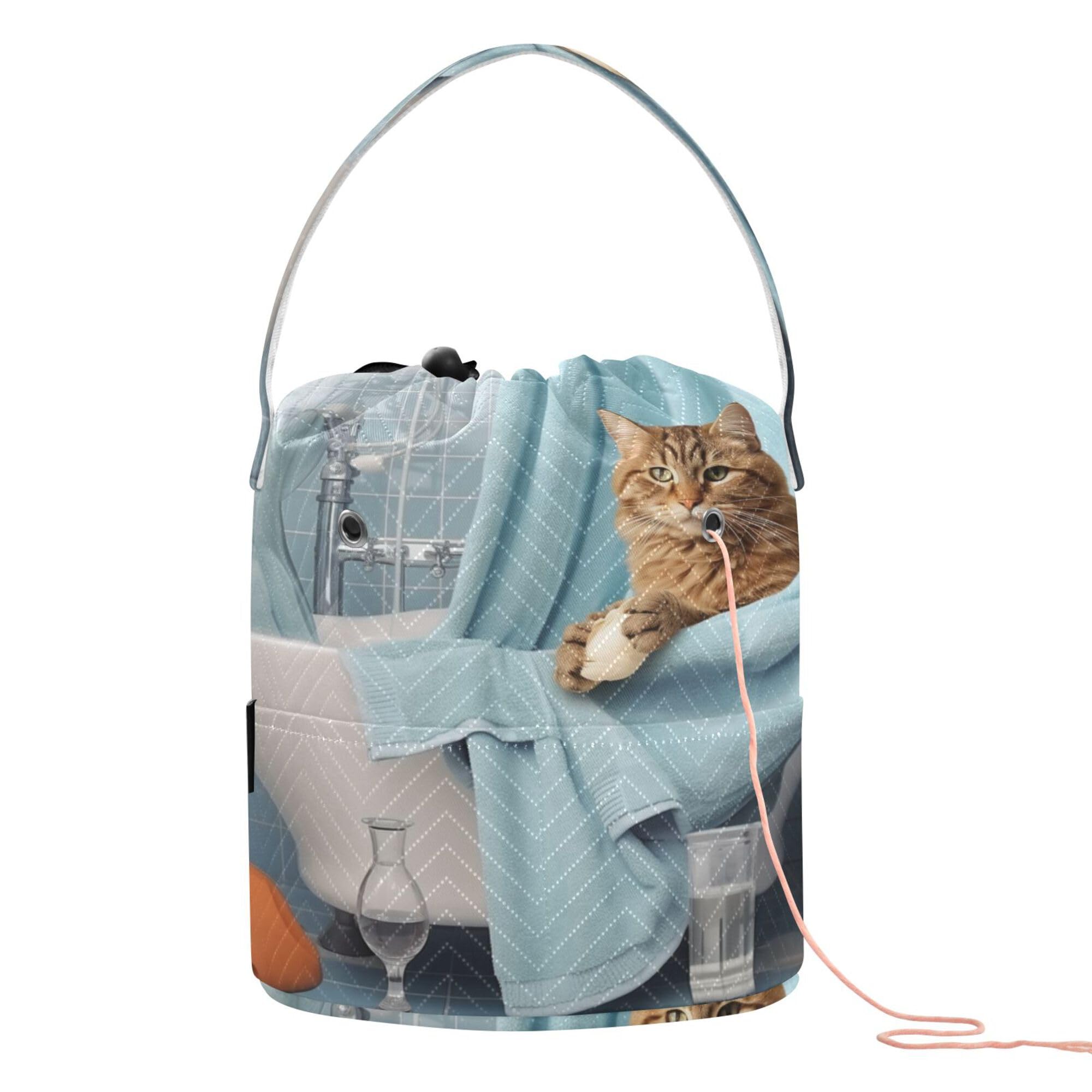 PYBUG Cat Yarn Storage Tote with Knitting Accessories Pockets Portable Large Capacity Travel Knitting Bag Crochet Organizer for Crocheting