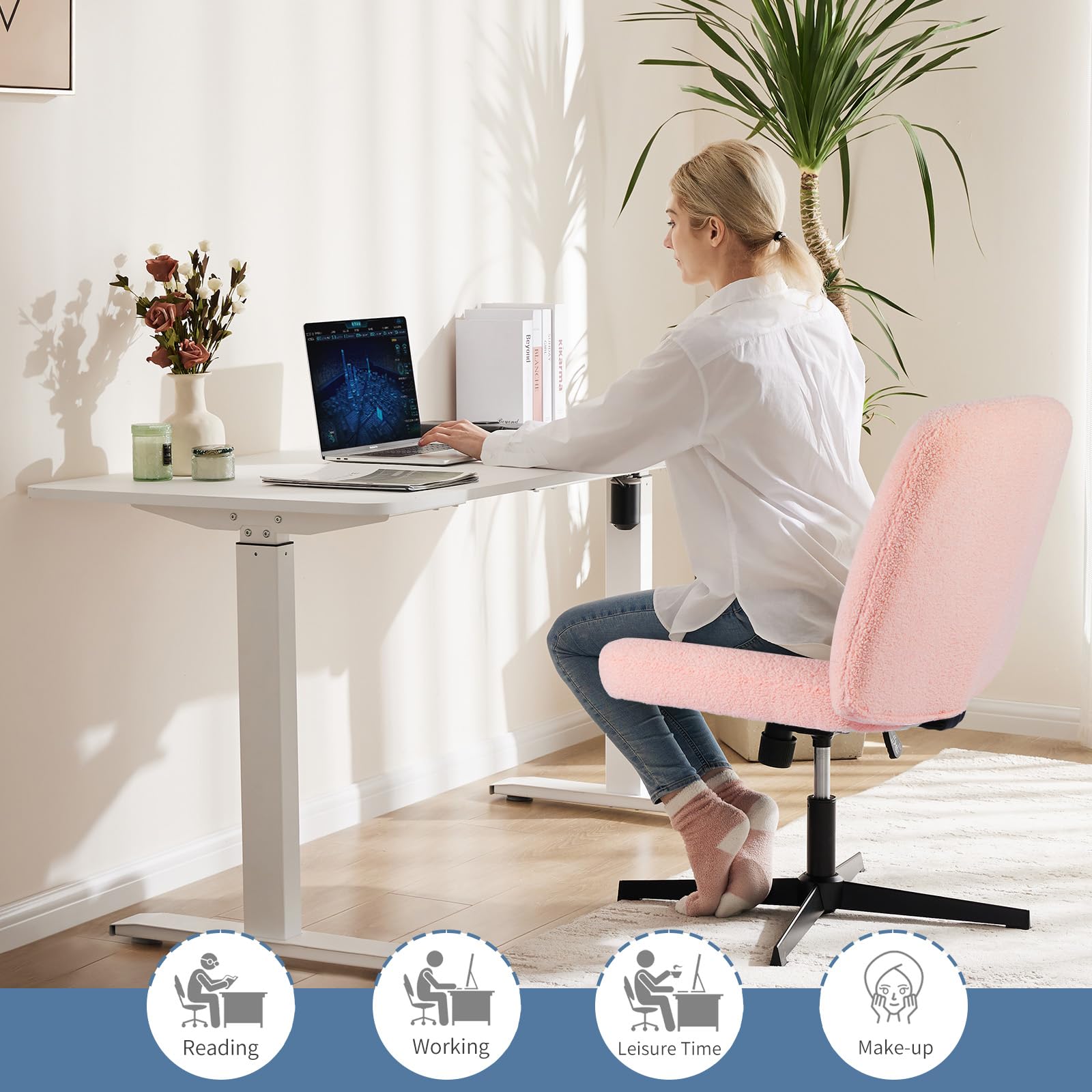 UOCFYK Criss Cross Chair, Armless Desk Chair Wide Seat for Home Office Vanity, No Wheels, Height Adjustable, 360° Swivel, Pink