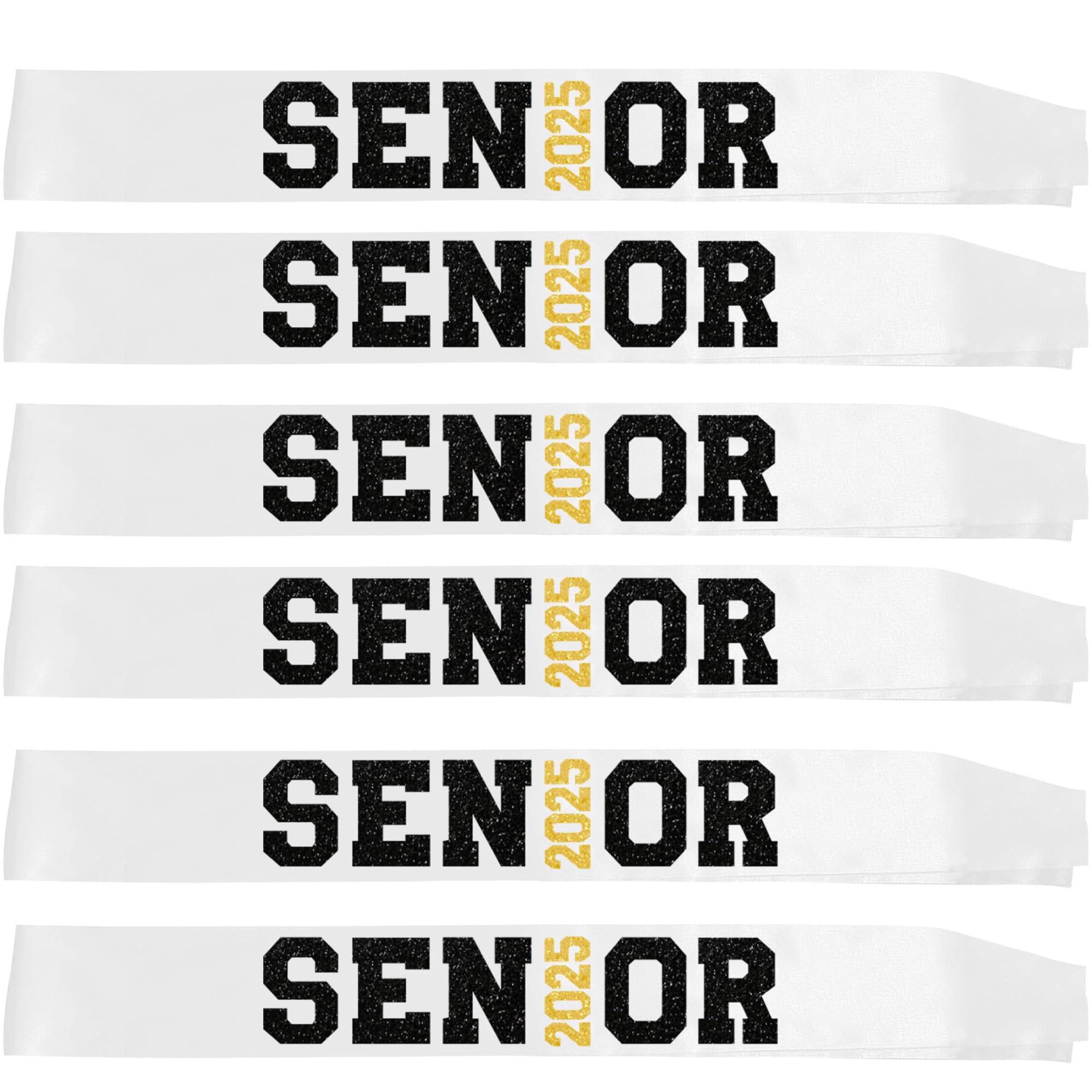 6Pcs White Senior 2025 Satin Sashes with Black Gold Glitter Letters Senior 2025 Decorations- 2025 Graduation Celebrations Sashes - Senior Cheer Sash - Cheerleader Sash - Class Competition Sashes