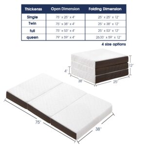 BedLuxury 4 Inch Tri Folding Mattress Twin Size with Storage Bag, Foldable Memory Foam Topper Portable Floor Guest Bed with Removable Cover, Breathable Washable