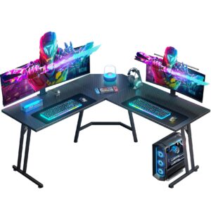 hldirect 51 inch l shaped gaming desk, corner computer desk with carbon fiber surface, space saving pc gaming table for home office writing workstation, easy to install, black