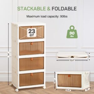 Aidoly 4-Tier Stackable Plastic Storage Bins with Lids, 23QT Foldable with Magnetic Doors and Lockable Wheels, Portable Collapsible Closet Organizer Boxes for Living Room, Bedroom, Dorm, Home Office