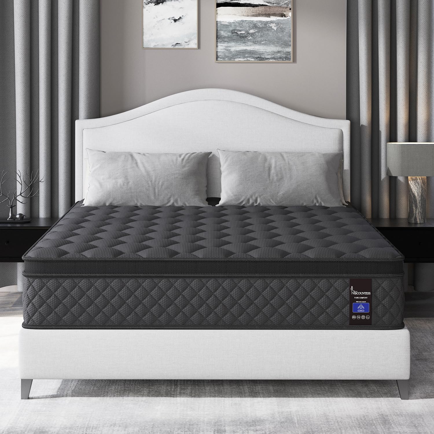 VISCOUNTESS Full Mattress, 12 Inch Hybrid Mattress Black, Euro Top Mattress Medium Firm for Back & Lumbar Support, 100 Night Trial, Individual Pocket Spring Bed for Motion Isolation & Pressure Relief