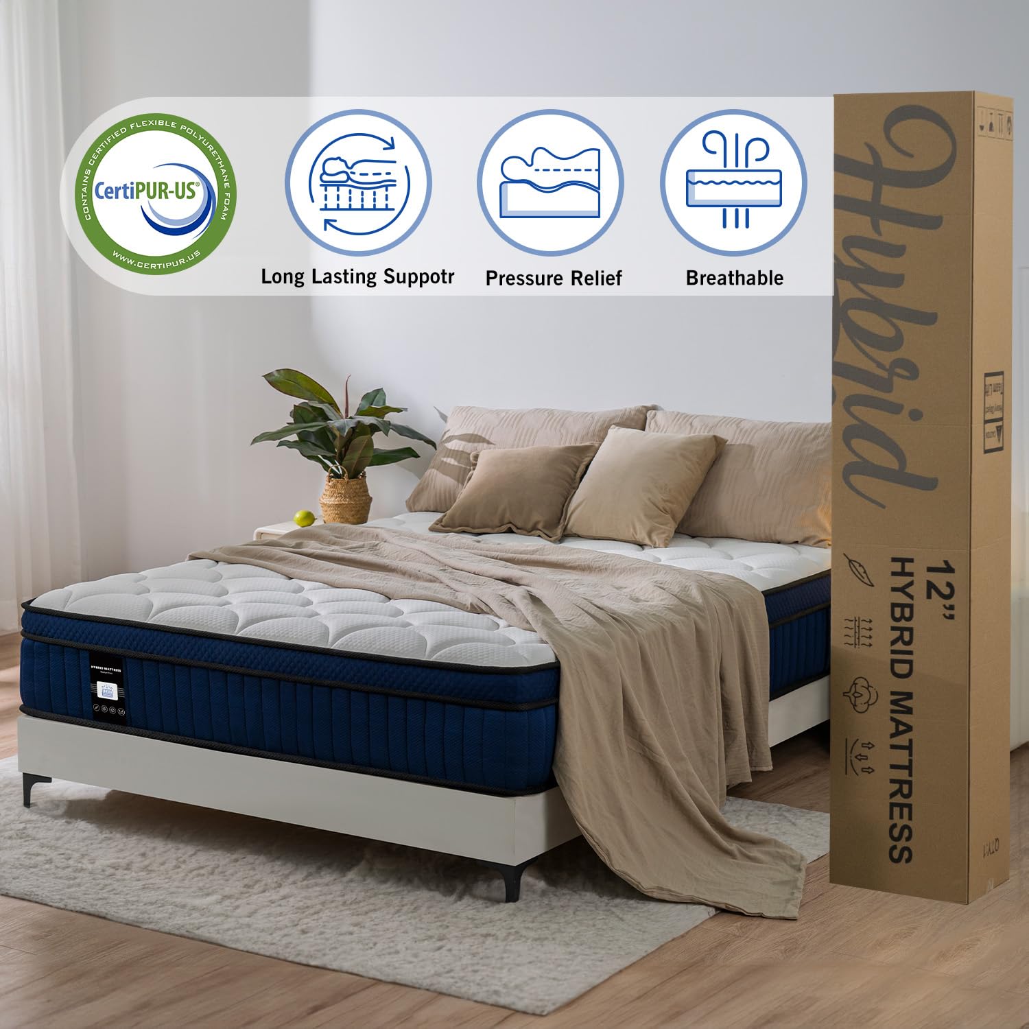 DatMou Queen Mattress, 12 Inch Queen Size Mattress in a Box, Hybrid Matterss with Gel Memory Foam and Individual Pocket Spring, CertiPUR-US Certified, Fiberglass Free, Strong Edge Support, Medium Firm