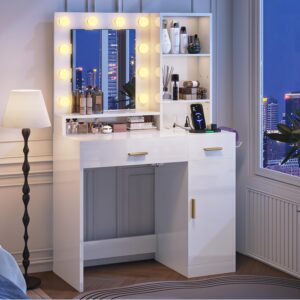 knoworld Makeup Vanity Desk with Mirror & Lights and Outlet, Make up Table with 3 Shelves, 2 Drawers & 1 Cabinet, 3 Lighting Modes & Adjustable Brightness Dressing Table for Bedroom, White