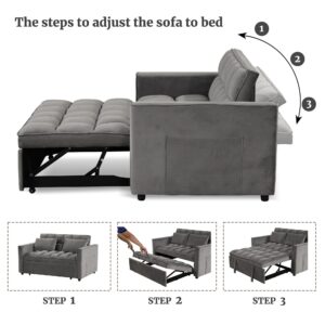 EBELLO 3 in 1 Convertible Sleeper Sofa Bed, Modern Velvet Loveseat Futon Couch Pullout Bed with Side Storage Pockets and Pillows, Small Love Seat Lounge Sofa Bed for Small Space,Light Grey