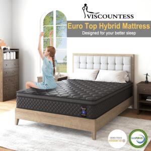 VISCOUNTESS Full Mattress, 12 Inch Hybrid Mattress Black, Euro Top Mattress Medium Firm for Back & Lumbar Support, 100 Night Trial, Individual Pocket Spring Bed for Motion Isolation & Pressure Relief