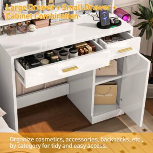 knoworld Makeup Vanity Desk with Mirror & Lights and Outlet, Make up Table with 3 Shelves, 2 Drawers & 1 Cabinet, 3 Lighting Modes & Adjustable Brightness Dressing Table for Bedroom, White