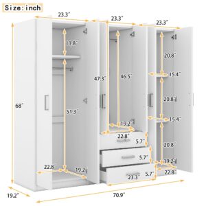 Merax Large White 6 Doors Wooden Wardrobe, Bedroom Tall Armoire Closet Organizer with Big Drawers, Hanging Rails and Shelves, Clothes Storage Cabinet for Garage & Laundry Room, White