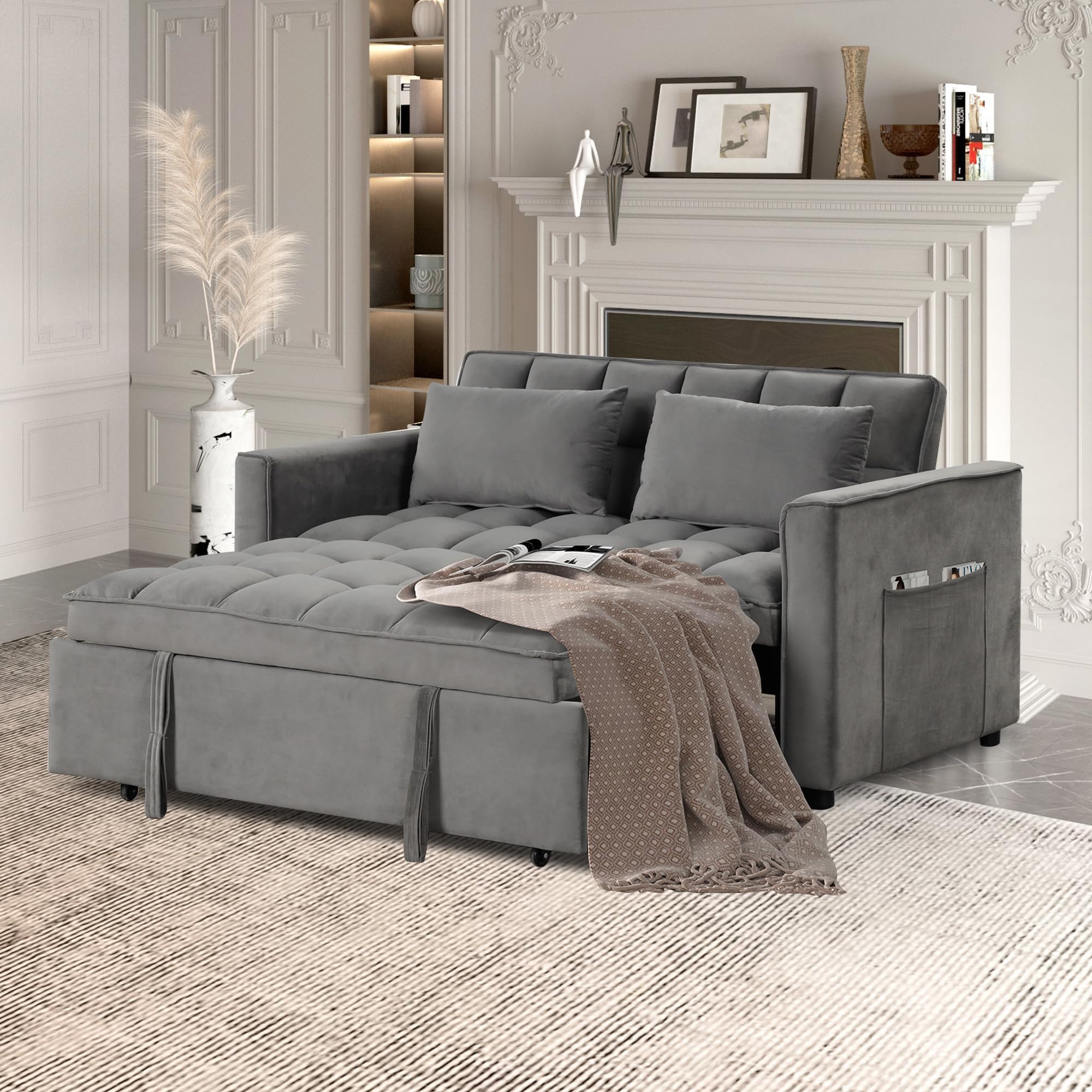 EBELLO 3 in 1 Convertible Sleeper Sofa Bed, Modern Velvet Loveseat Futon Couch Pullout Bed with Side Storage Pockets and Pillows, Small Love Seat Lounge Sofa Bed for Small Space,Light Grey