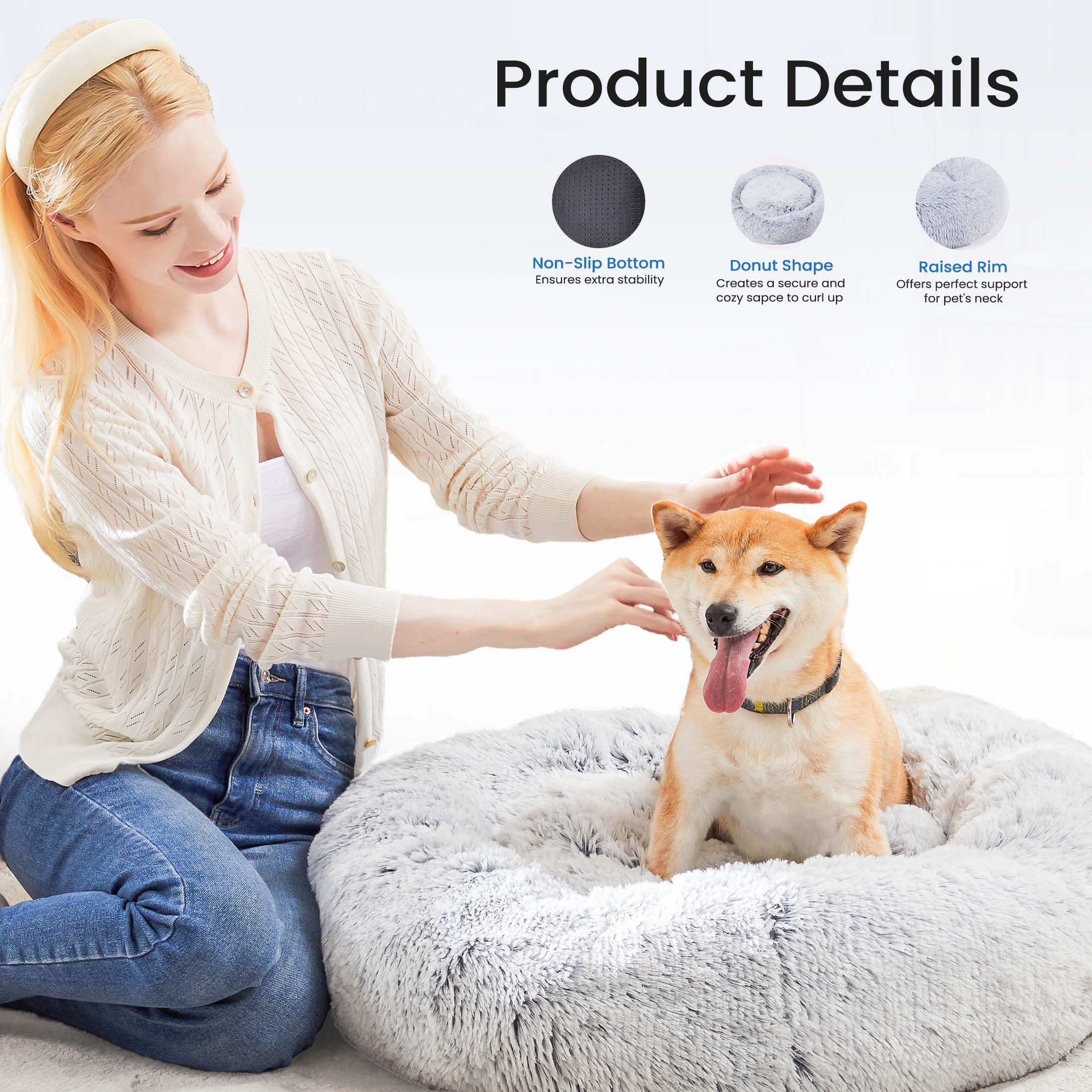 Dog Bed for Small Dogs and Cats, Washable Calming Donut Pet Bed, 20-Inch Anti-Slip Round Fluffy Plush Faux Fur, Anti-Anxiety, Comfortable for Sleeping, 20" L x 20" W x 8" Th for Pets up to 15 lbs