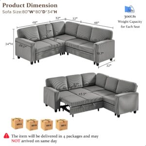 RedLemon Sectional Sleeper Sofa with Pull Out Couch Bed, 80'' Convertible L Shaped Couch with Storage Chaise & USB Charging Port, Comfy Sofa for Living Room, Apartment, Corduroy, Light Grey