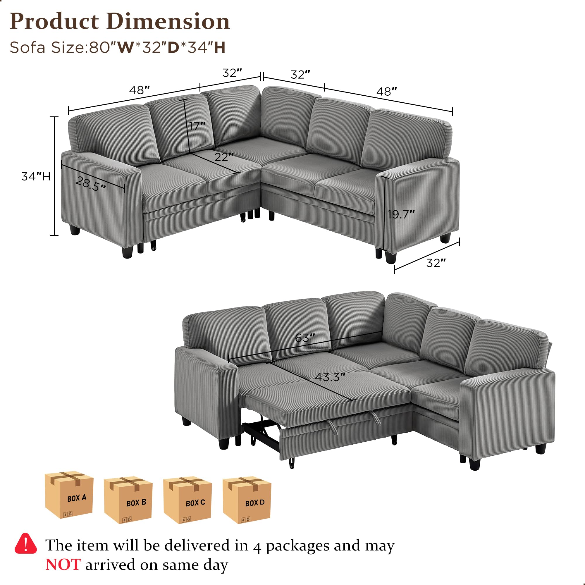 RedLemon 80'' Sectional Sleeper Sofa with Pull Out Couch Bed,L Shaped Couch with Storage Chaise & USB Charging Port, Convertible Comfy Sofa Couch for Living Room, Apartment, Corduroy, Light Grey