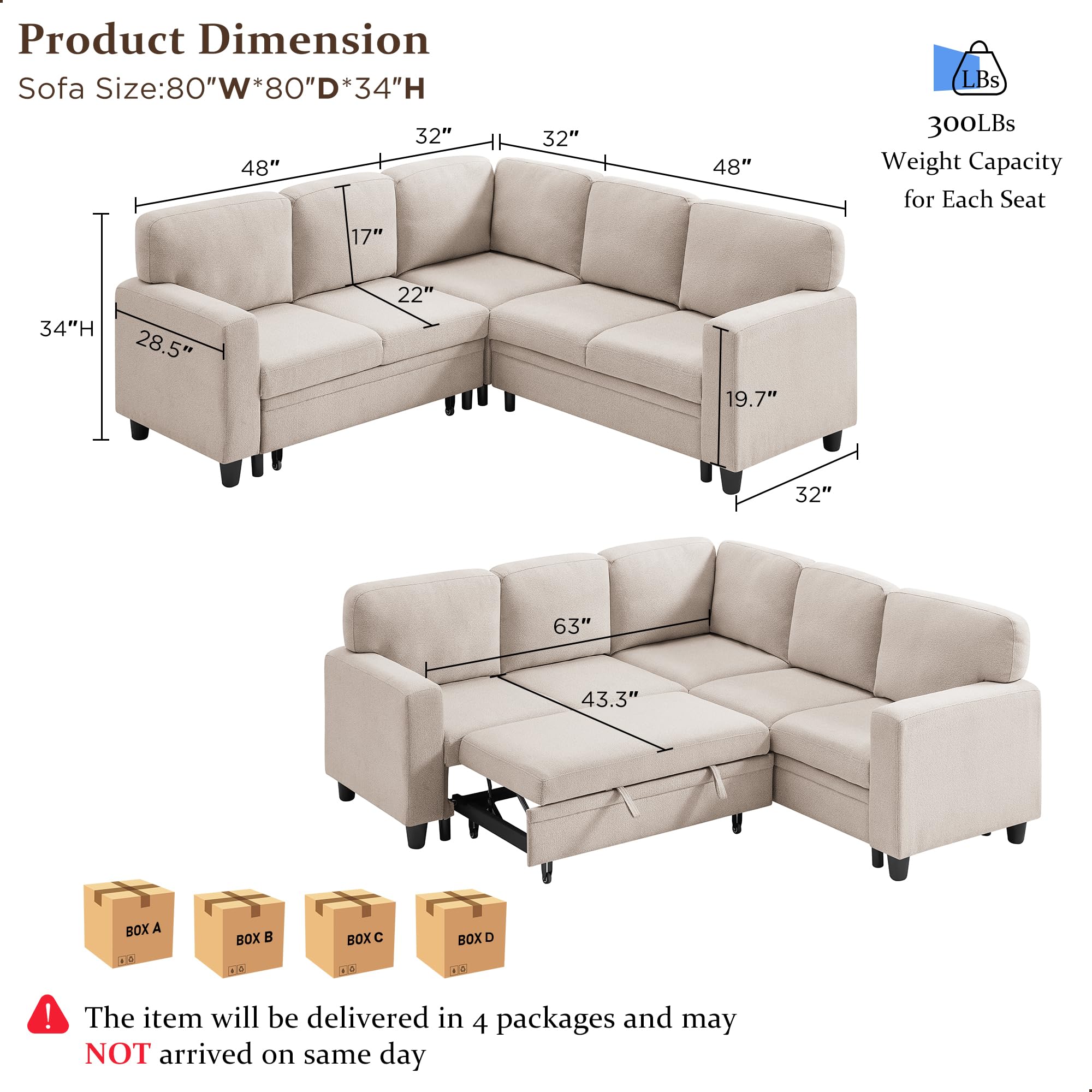 RedLemon Sectional Sleeper Sofa with Pull Out Couch Bed, 80'' Convertible L Shaped Couch with Storage Chaise & USB Charging Port, Comfy Sofa Couch for Living Room, Apartment, Beige