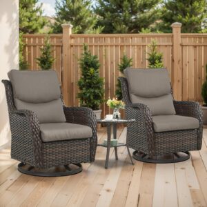 artfurniz outdoor swivel rocker patio chairs with 5" thick cushion - 3 piece wicker bistro set with side table, high back comfty outdoor glider chairs for balcony, porch, deck, poolside - brown/gray